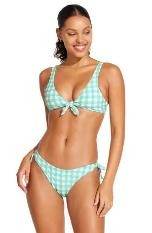 VITAMIN A® Lou Gingham Side Tie Bikini Bottoms - Seafoam Pucker Gingham