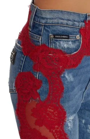 Dolce & Gabbana Red Lace Appliqué Distressed Skinny Jeans In Light 