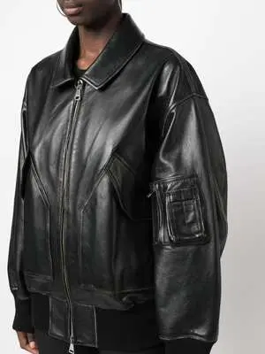 N°21 Multi-Pocket Leather Bomber Jacket In Black - 45% Off