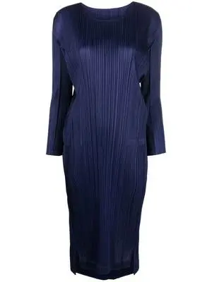 Issey Miyake Pleated Long-sleeve Midi Dress - Blue