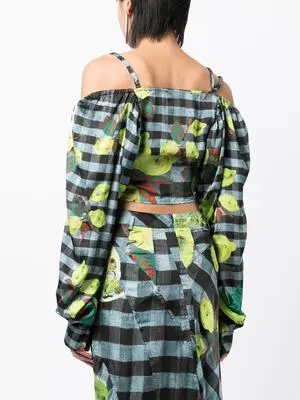 Ottolinger Lemon Checked Print Off-shoulder Top