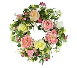 NORTHLIGHT Roses & Marigolds Flowers & Leaves S Pring Wreath - One-color
