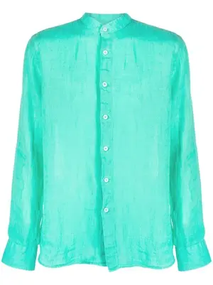 120% Lino Mandarin-collar Long-sleeve Linen Shirt - Green