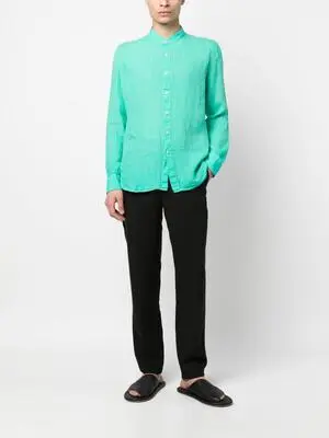 120% Lino Mandarin-collar Long-sleeve Linen Shirt - Green