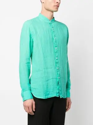 120% Lino Mandarin-collar Long-sleeve Linen Shirt - Green