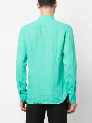 120% Lino Mandarin-collar Long-sleeve Linen Shirt - Green