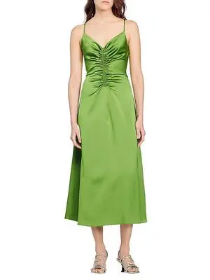 Sandro Women's Zola Satin Ruched Midi-Dress - Emerald Green  - Emerald Green