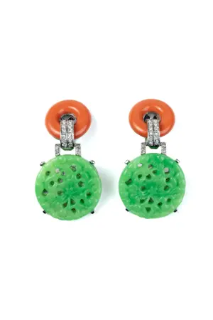 KENNETH JAY LANE Kenneth Jay Lane Coral And Carved Jade Clip Earrings