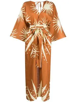 CALA DE LA CRUZ Graphic-print Linen Dress - Brown