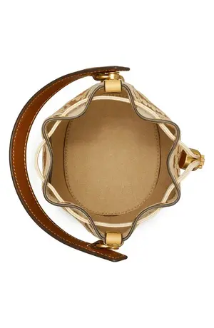 Tory Burch Mini T Monogram Embroidered Raffia Bucket Bag