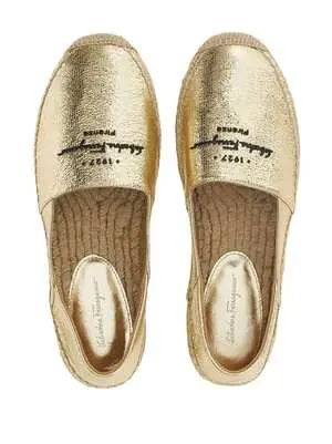 FERRAGAMO Logo-embroidered Metallic Espadrilles - Gold