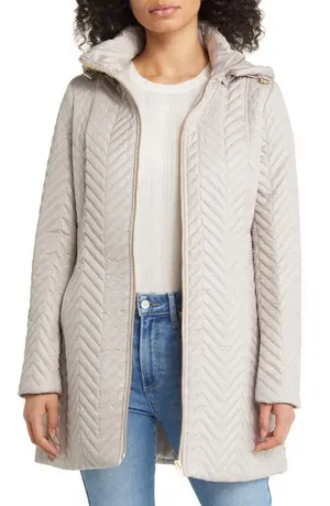 Via Spiga Herringbone Quilted Hooded Jacket - Oyster