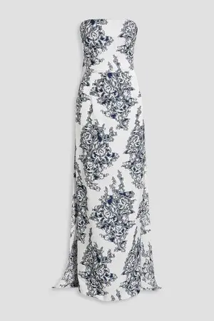 Oscar De La Renta Strapless Flocked Jacquard Gown - Navy