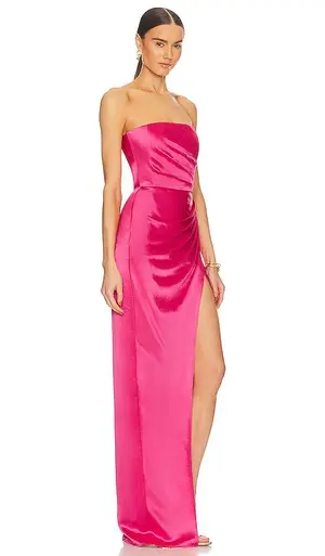 SAU LEE Boned Bodice Satin Maxi Dress With High Slit