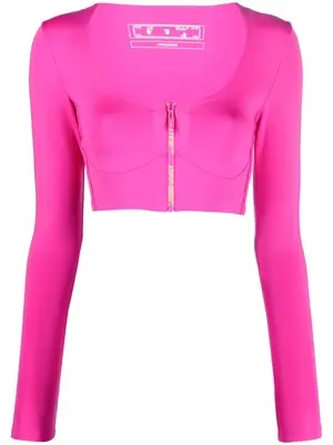 Off-White Zip-logo Long-sleeve Crop Top - Pink