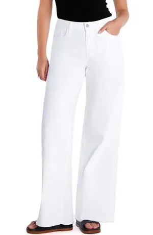 HINT OF BLU Happy Shaggy High Waist Raw Hem Wide Leg Jeans - White