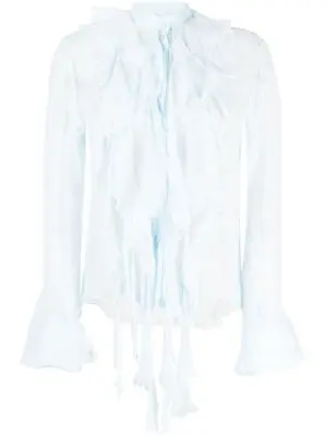 Ermanno Scervino Ruffled Sheer Silk Shirt - Blue