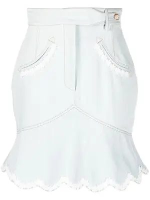 Casablanca Floral-embroidered Denim Peplum Skirt - Blue