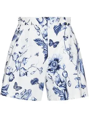 Oscar De La Renta Floral-print High-waisted Shorts - Blue