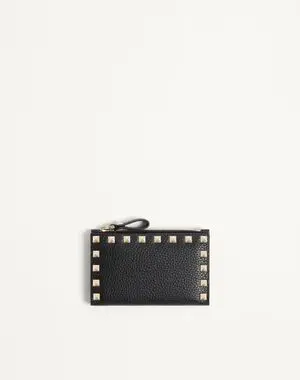 Valentino Garavani Rockstud Grainy Calfskin Cardholder With Zip - Black