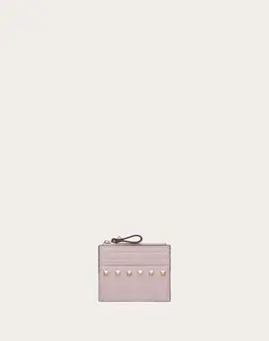 Valentino Garavani Rockstud Grainy Calfskin Cardholder With Zip Water Lilac