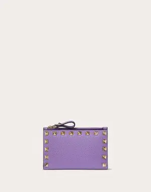 Valentino Garavani Rockstud Grainy Calfskin Cardholder With Zip Wisteria