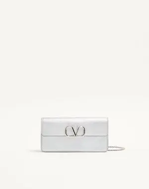 Valentino Garavani Vlogo Signature Metallic Grainy Calfskin Wallet With Chain Silver