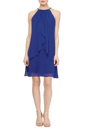 SLNY Halter Neck Layered Chiffon Shift Dress
