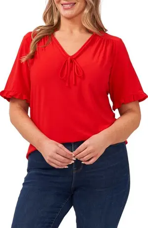 CECE DUPRAZ CeCe Ruffle Tie Neck Top Fireball Red