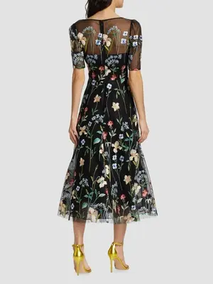 Rickie Freeman For Teri Jon Floral-embroidered Illusion Midi-dress