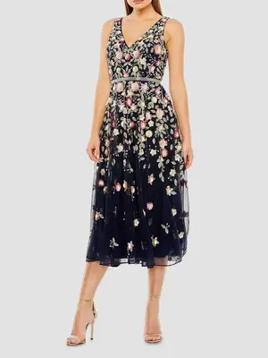 Mac Duggal Cocktail Floral Embroidered V-neck Midi-dress - Midnight Multi