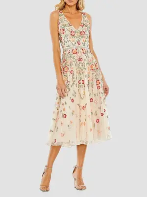 Mac Duggal Cocktail Floral Embroidered V-neck Midi-dress - White Multi