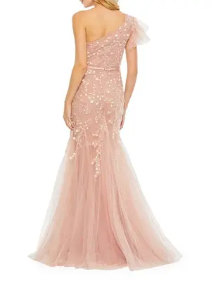 Mac Duggal Evening Embellished One-shoulder Gown