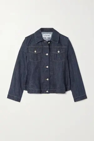 Loewe Trapeze Cropped Leather-trimmed Denim Jacket - Blue