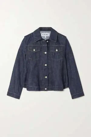 Loewe Trapeze Cropped Leather-trimmed Denim Jacket Navy