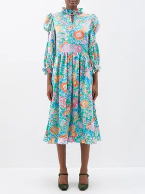 Horror Vacui Horror Vacui - Yuzuki Floral-print Silk-satin Midi Dress - Womens - Green Multi - Green Multi