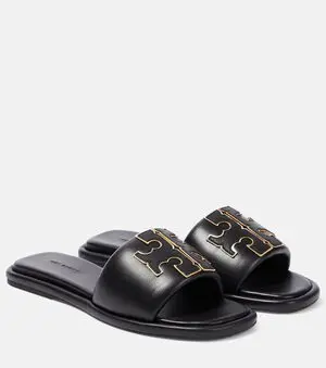 Tory Burch Double T Leather Slides - Black