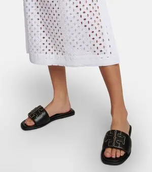 Tory Burch Double T Leather Slides - Black