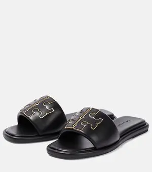 Tory Burch Double T Leather Slides - Black