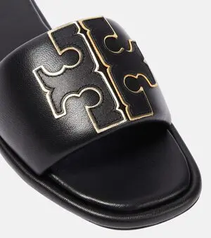 Tory Burch Double T Leather Slides - Black