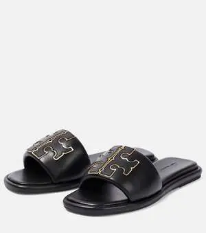 Tory Burch Double T Leather Slides - Black