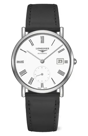 LONGINES Elegant Automatic Faux Leather Strap Watch