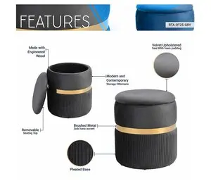 TECHNI MOBILI Dark Gray Velvet Round Ottoman Wi Th Storage