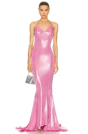 Norma Kamali Low Back Slip Mermaid Fishtail Gown In Pink