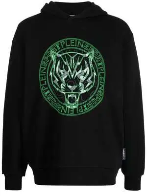 PLEIN SPORT Logo-tiger-print Hoodie - Black