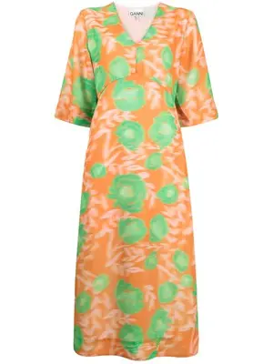 GANNI Floral-print Midi Dress - Orange
