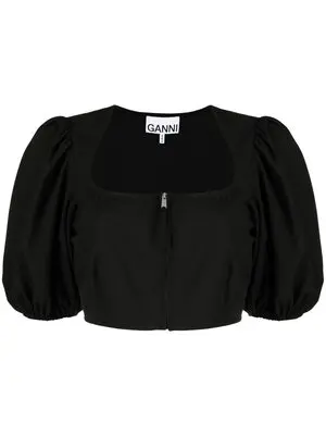 GANNI Cropped Puff-sleeve Blouse - Black
