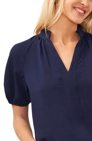 CECE DUPRAZ Ruffle Split Neck Blouse - Classic Navy