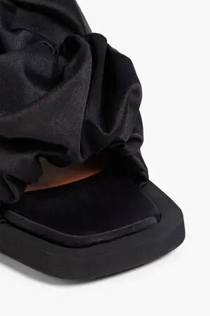 GANNI Ruched Satin Mules - Black