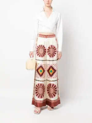La DoubleJ Tile-print Silk Palazzo Trousers - White